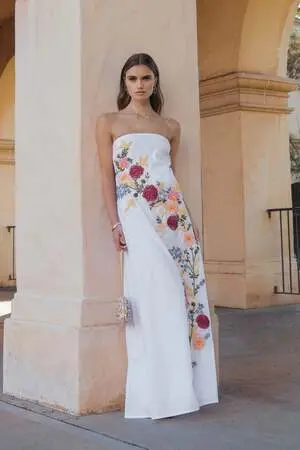 Mac Duggal Strapless Floral Embroidered Linen Gown