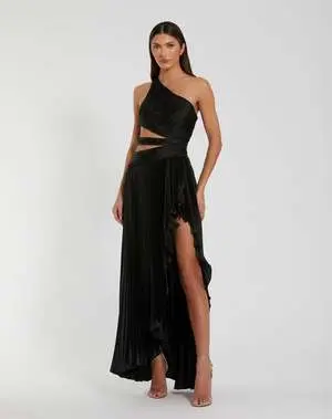 Mac Duggal One-shoulder Pleated Charmeuse Gown With Slit - Black