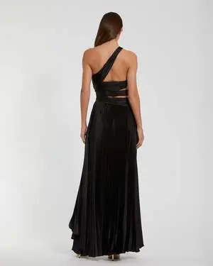 Mac Duggal One-shoulder Pleated Charmeuse Gown With Slit - Black