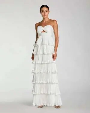 Mac Duggal Pleated Charmeuse Strapless Gown With Tiered Ruffles - White
