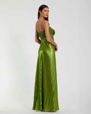 Mac Duggal Metallic Pleated Gown With 3d Flower