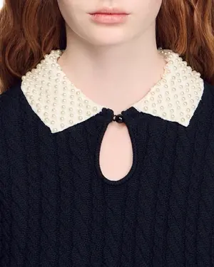 Sandro Embellished Collar Cable Knit Sweater