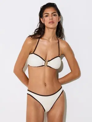 REISS Johannah Tipped Bandeau Shirred Bikini Top - Ivory/chocolate