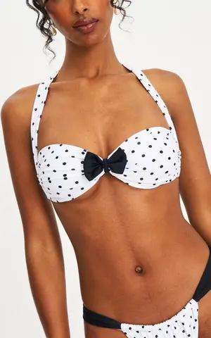 MISS CIRCLE Polka Dot Bowtie Halter Bikini Top - White