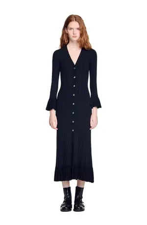 Sandro Knit Maxi Dress With Ruffle Cuffs - Black