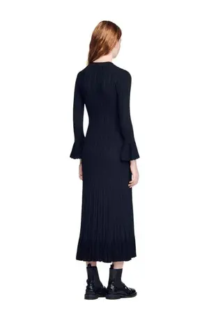 Sandro Knit Maxi Dress With Ruffle Cuffs - Black