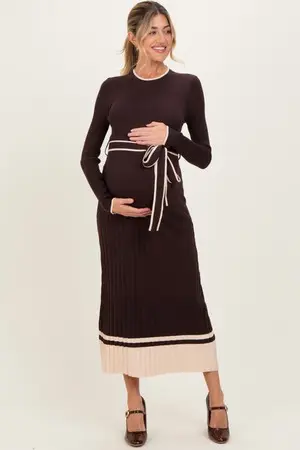 PINKBLUSH Ribbed Belted Midi Sweater Dress - Brown