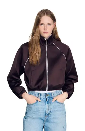 Sandro Cropped Embroidered Satin Jacket