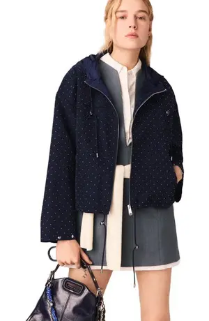 Maje Rhinestone-embellished Hooded Windbreaker - Navy
