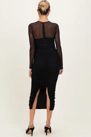 PINKBLUSH Mesh Ruched Long Sleeve Maternity Midi Dress - Black