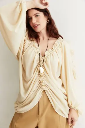 JUNE + VIE Draped Off-the-shoulder Blouse With Ruffles