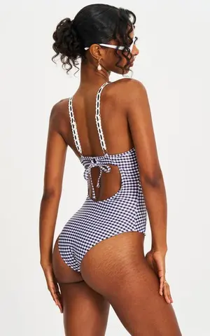 MISS CIRCLE Gigi Gingham Lace-up Backless One-piece Swimsuit