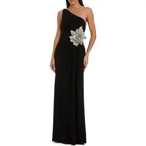 Mac Duggal One-shoulder Gown With Rhinestone Floral Appliqu - Black