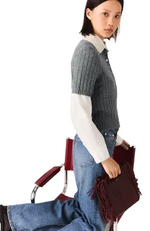 Maje Ribbed Wool Polo Shirt With Removable Beaded Collar - Grey