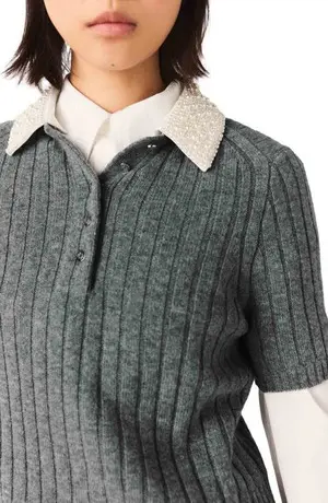 Maje Ribbed Wool Polo Shirt With Removable Beaded Collar - Grey