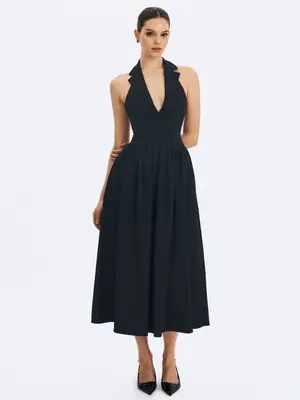 MISS CIRCLE NEW YORK Lapel Halter A-line Midi Dress