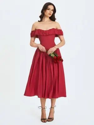 MISS CIRCLE NEW YORK Xavy Off-shoulder Corset Midi Dress - Crimson