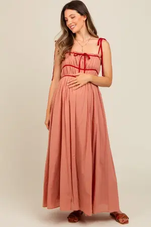 PINKBLUSH Contrast Ribbon Trim Maxi Dress - Salmon