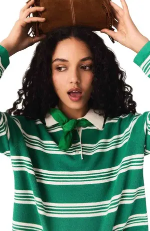 Maje Cropped Striped Polo Sweater - Green