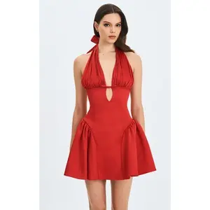 MISS CIRCLE Plunging Halter Keyhole Mini Dress