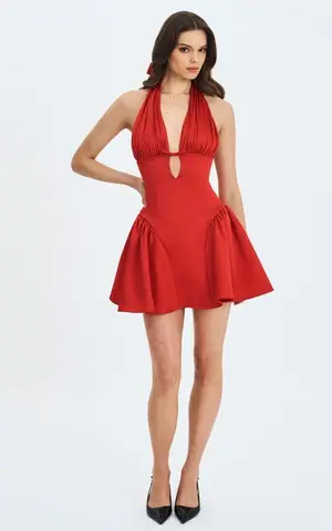 MISS CIRCLE Plunging Halter Keyhole Mini Dress