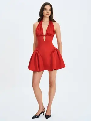 MISS CIRCLE Plunging Halter Keyhole Mini Dress
