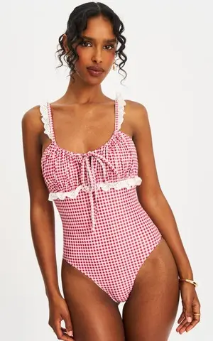 MISS CIRCLE Gingham One-piece Swimsuit With Lace Details - Red