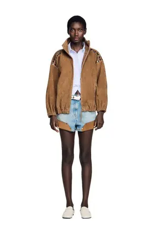 Sandro Studded Oversized Suede Jacket - Camel