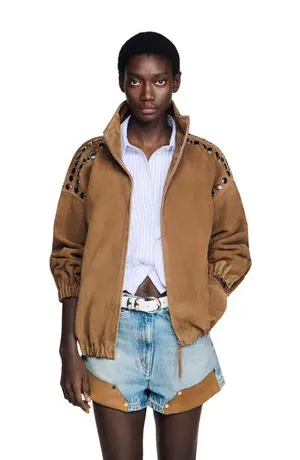 Sandro Studded Oversized Suede Jacket - Camel