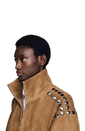 Sandro Studded Oversized Suede Jacket - Camel