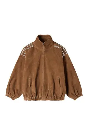 Sandro Studded Oversized Suede Jacket - Camel