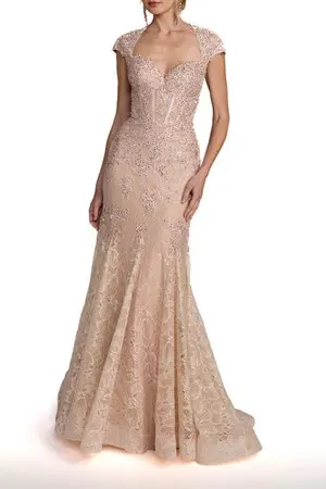 Mac Duggal Embellished Sweetheart Cap Sleeve Trumpet Gown - Blush