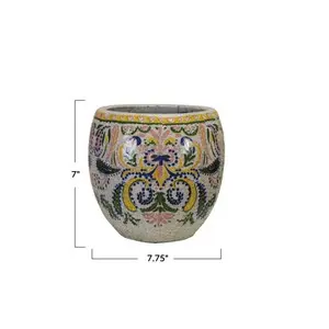 STORIED HOME Large Terra-cotta Planter With Floral Pattern, Crackle Glaze