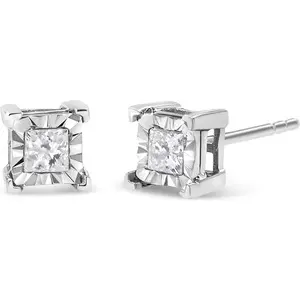 HAUS OF BRILLIANCE Silver 1/4 Ct Diamond Miracle Princess Solitaire Stud Earrings - White