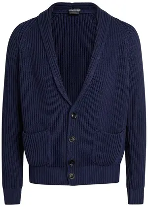 TOM FORD Shawl-collar Ribbed Cotton And Silk-blend Cardigan - Navy
