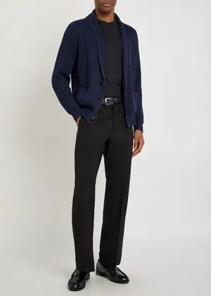 TOM FORD Shawl-collar Ribbed Cotton And Silk-blend Cardigan - Navy