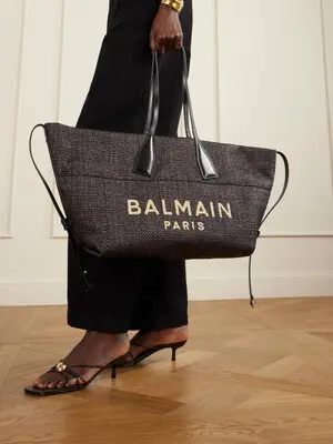 Balmain Leather-trimmed Raffia Track Tote