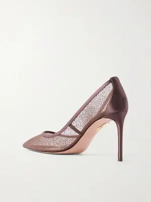 AQUAZZURA 85 Satin-trimmed Embellished Mesh Pumps - Brown