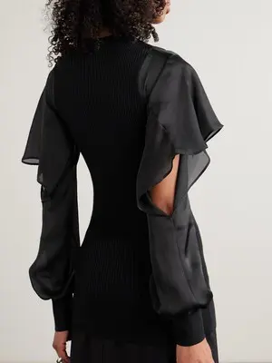 Sacai Ribbed Cotton And Ruffled Chiffon Top