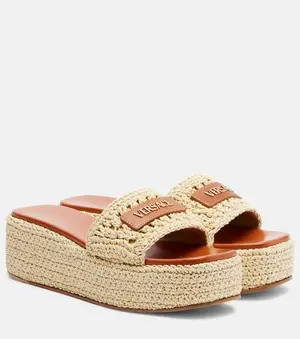 Versace Logo Raffia Platform Espadrille Slides - Beige