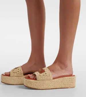 Versace Logo Raffia Platform Espadrille Slides - Beige
