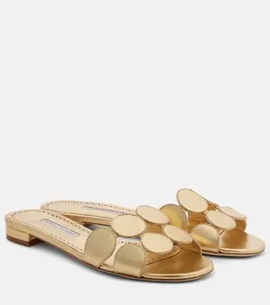 Manolo Blahnik Haribalmuflat Metallic Leather Slides - Gold