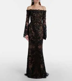 Elie Saab Off-shoulder Sequined Lace Gown
