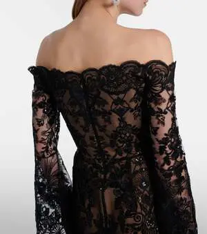 Elie Saab Off-shoulder Sequined Lace Gown