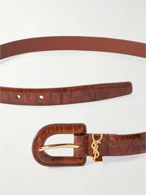 Saint Laurent Cassandre Croc-effect Leather Belt - Brown