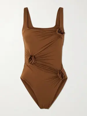 MAYGEL CORONEL Gemma Appliquéd Ruched Swimsuit - Brown