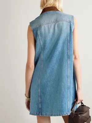 Versace Suede-trimmed Denim Mini Dress - Blue