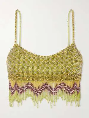 BODE Bottleglass Cropped Beaded Satin Top - Lime Green