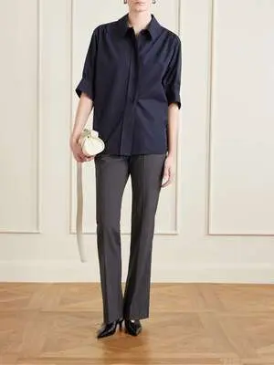 JIL SANDER Gathered Cotton-poplin Shirt - Navy