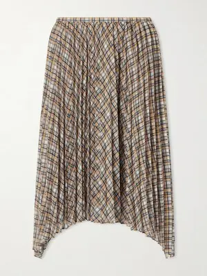 Acne Studios Asymmetric Pleated Checked Chiffon Midi Skirt
